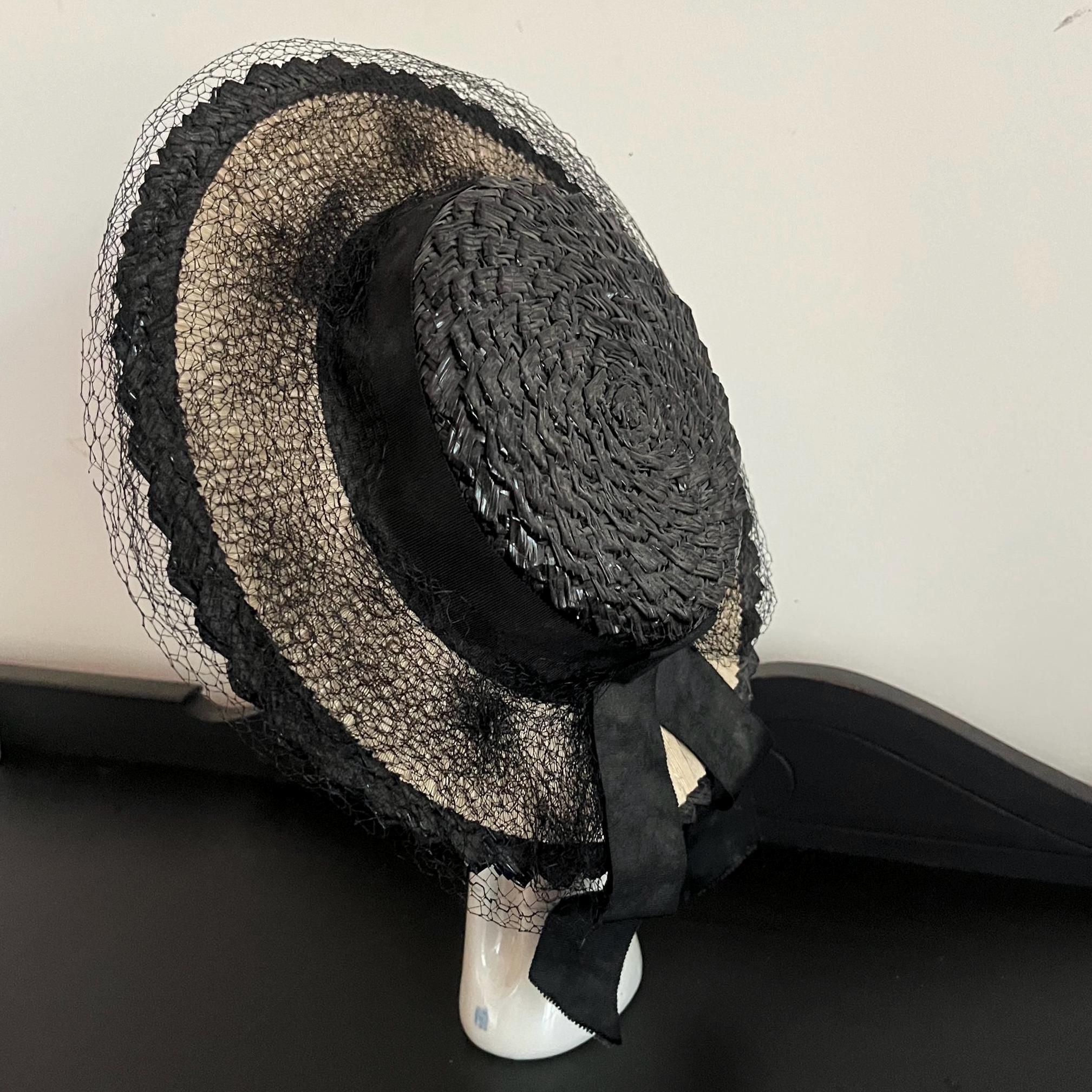 Antique Edwardian Girl’s Straw Boater Hat Grosgrain Ribbon Black ...