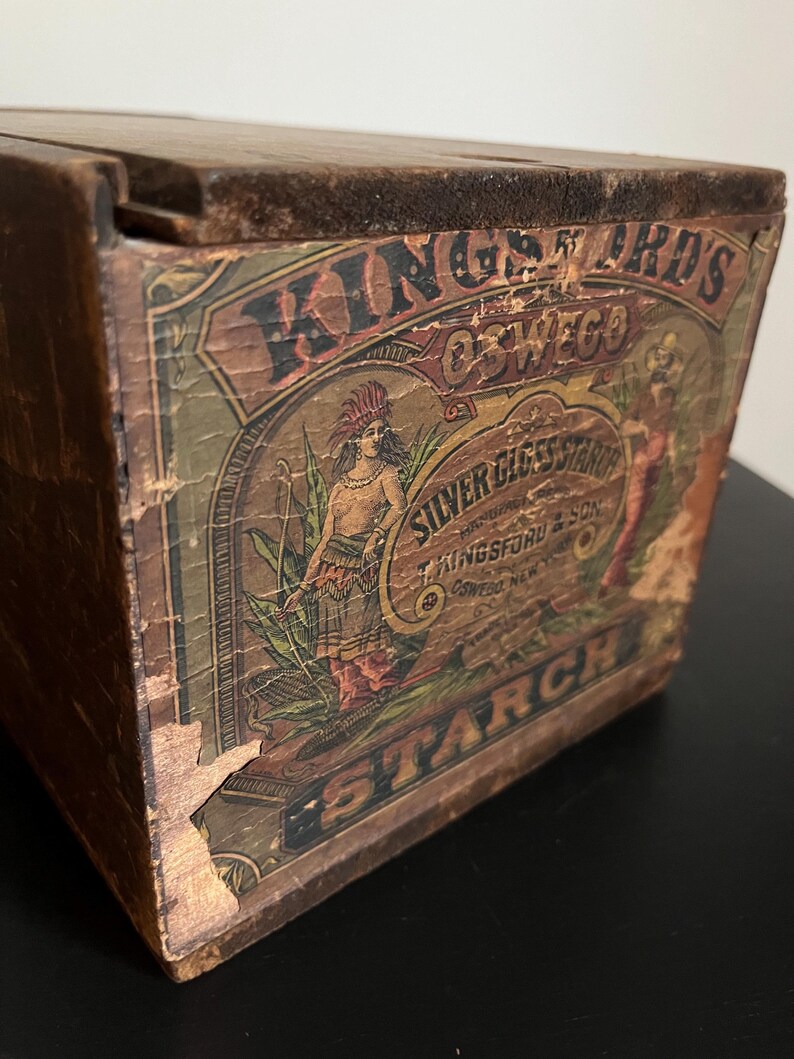 Antique Kingsford’s Oswego NY Silver Gloss Starch Wooden Box With Paper ...