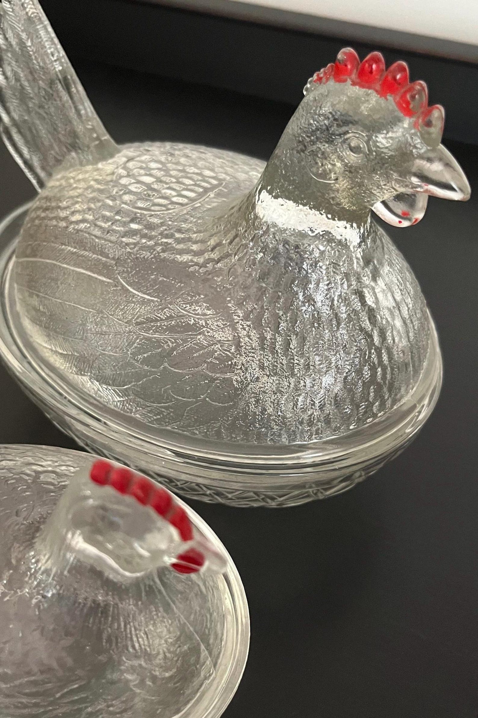 Vintage Pressed Glass Nesting Hens Chicken Dishes Clear Glass With Red ...