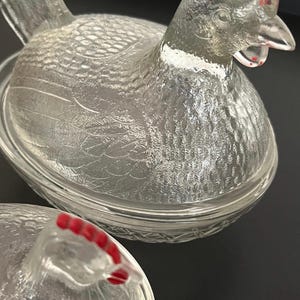 Vintage Pressed Glass Nesting Hens Chicken Dishes Clear Glass With Red ...