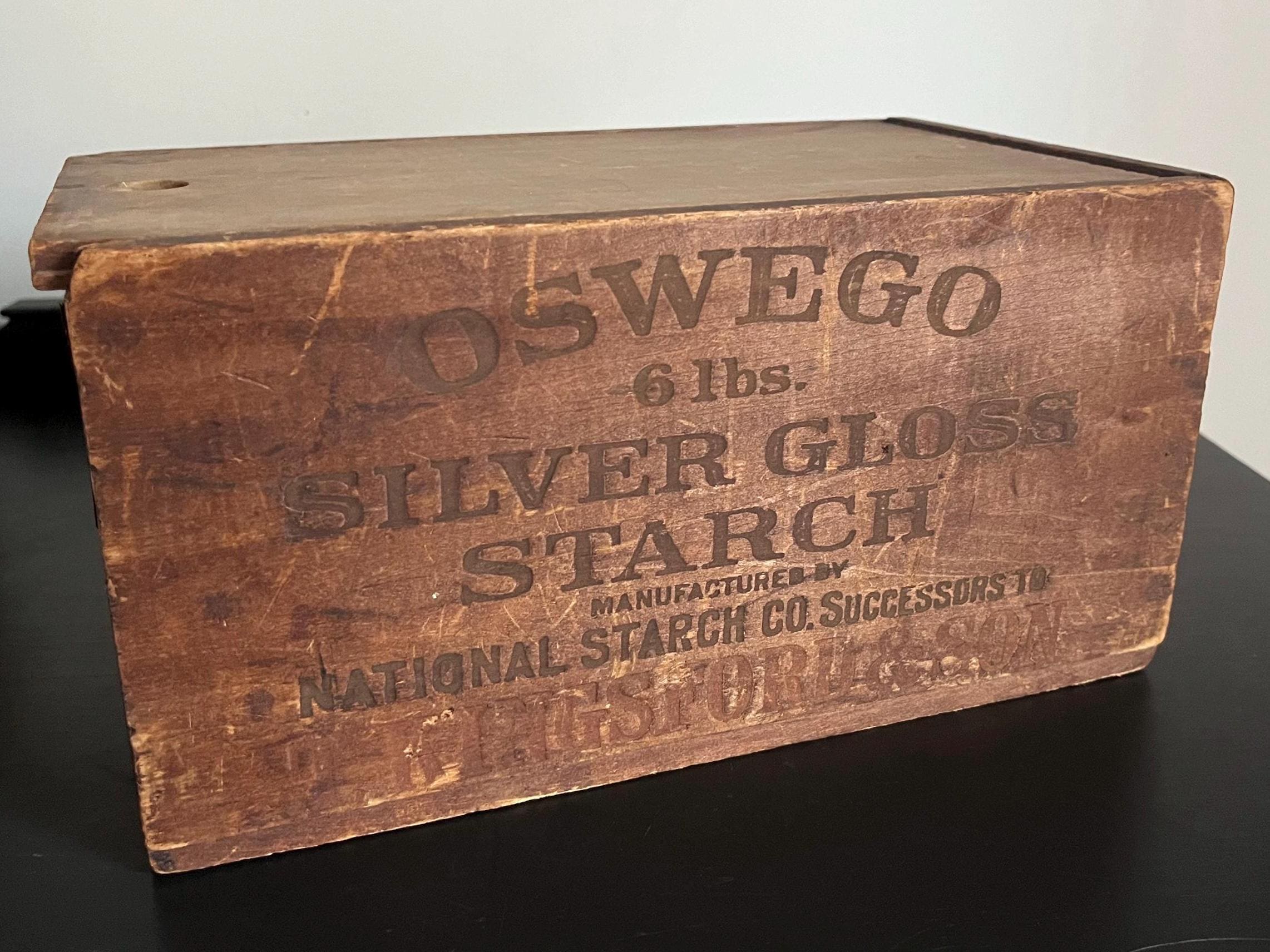 Antique Kingsford’s Oswego NY Silver Gloss Starch Wooden Box With Paper ...