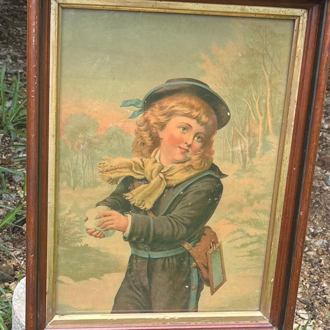 Framed Antique Victorian Original Color Lithograph “hurrah for the Snow ...