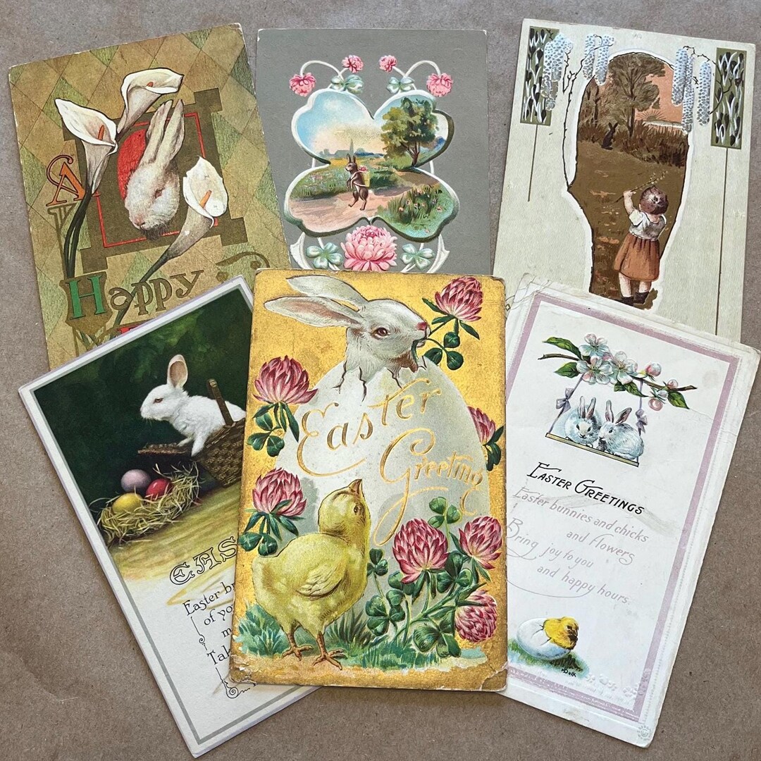 Vintage Easter Bunny Postcards Group of 6 Eggs Clover Spring Decorating ...