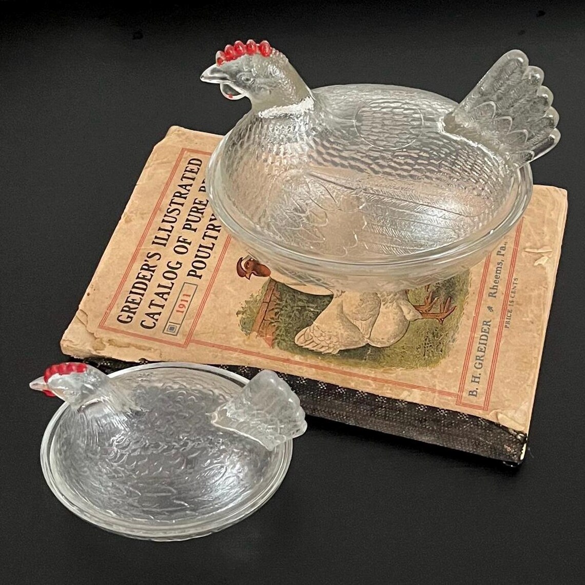 Vintage Pressed Glass Nesting Hens Chicken Dishes Clear Glass With Red ...