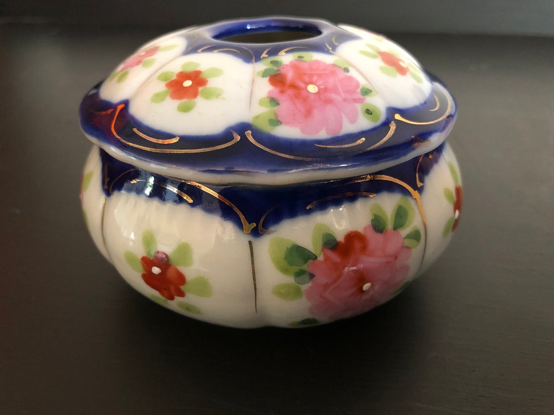 Vintage Floral Porcelain Hair Receiver, Cobalt Blue Accent - Etsy