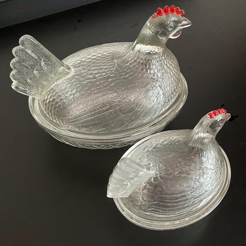 Vintage Pressed Glass Nesting Hens Chicken Dishes Clear Glass With Red ...