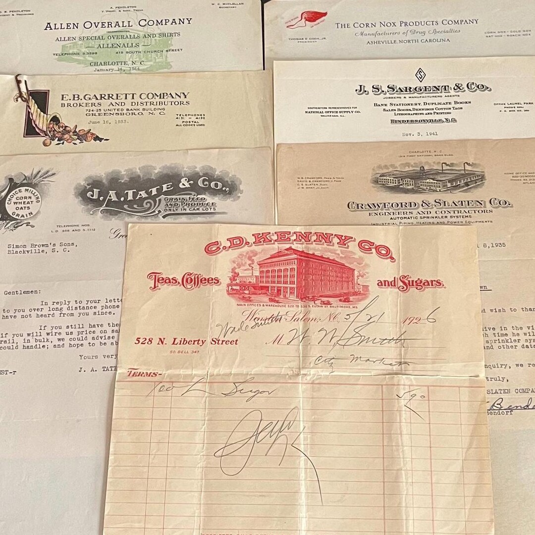 Antique Letterhead Western NC and Triad Group of 6 Allen Overalls J A ...