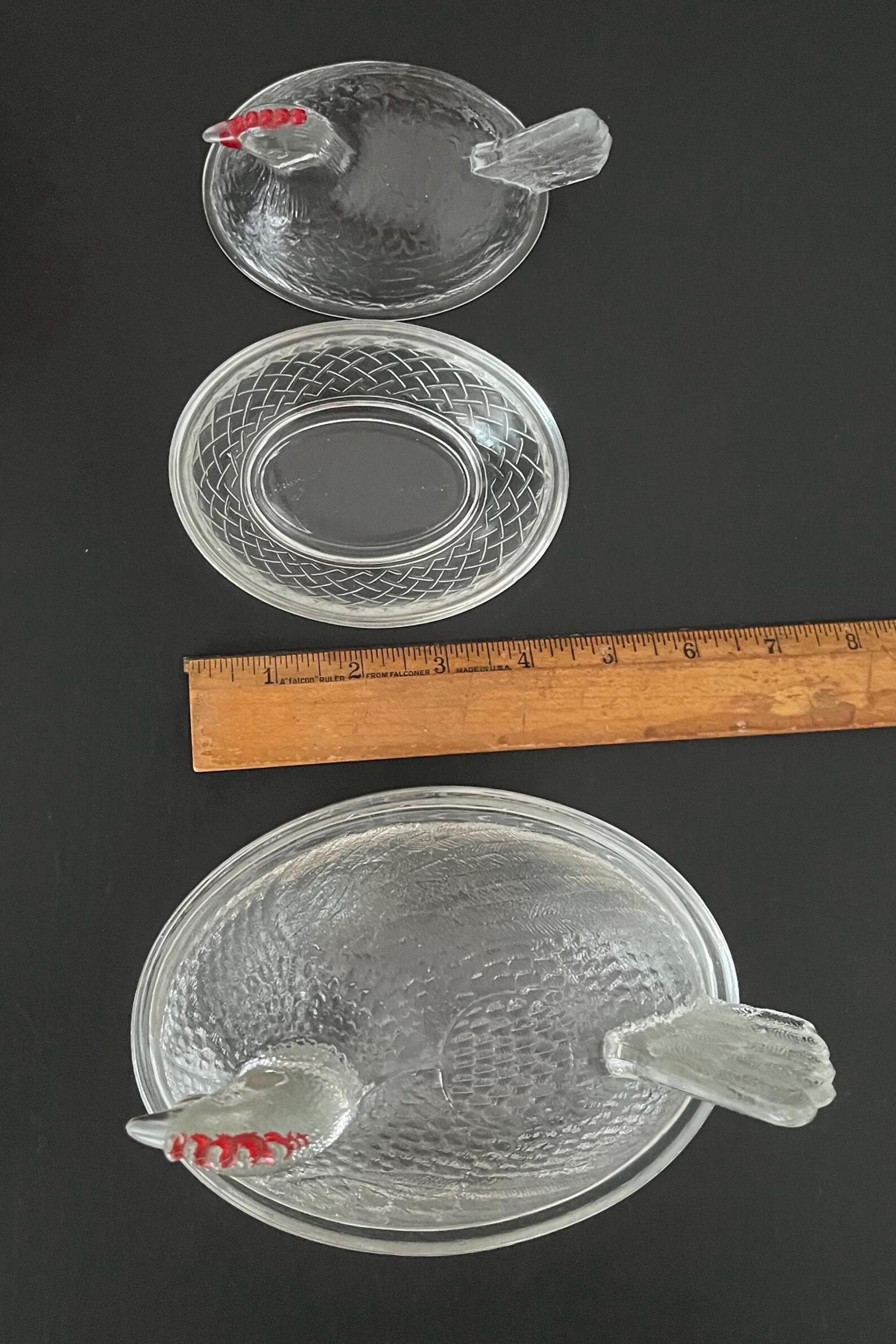 Vintage Pressed Glass Nesting Hens Chicken Dishes Clear Glass With Red ...