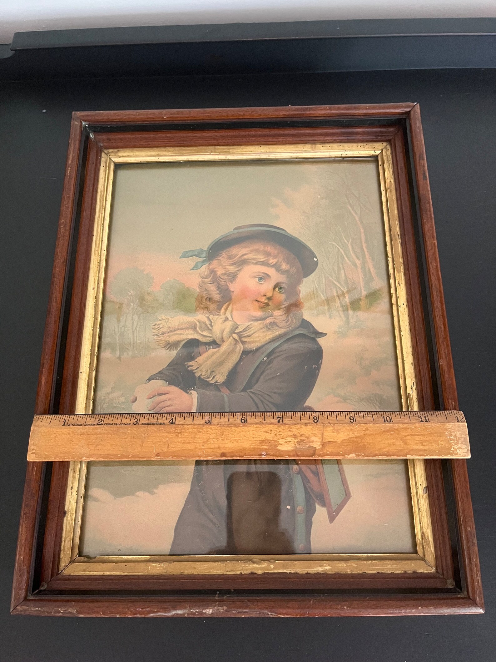 Framed Antique Victorian Original Color Lithograph “hurrah for the Snow ...