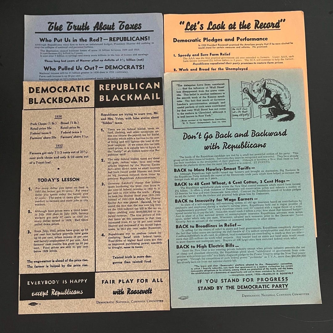 Original 1936 Re-elect Roosevelt Handbills Democratic Blackboard ...