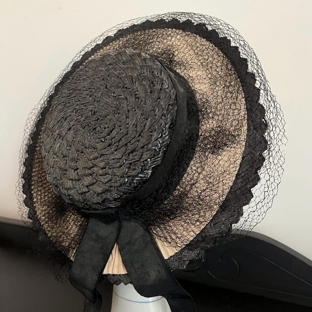 Antique Edwardian Girl’s Straw Boater Hat Grosgrain Ribbon Black ...