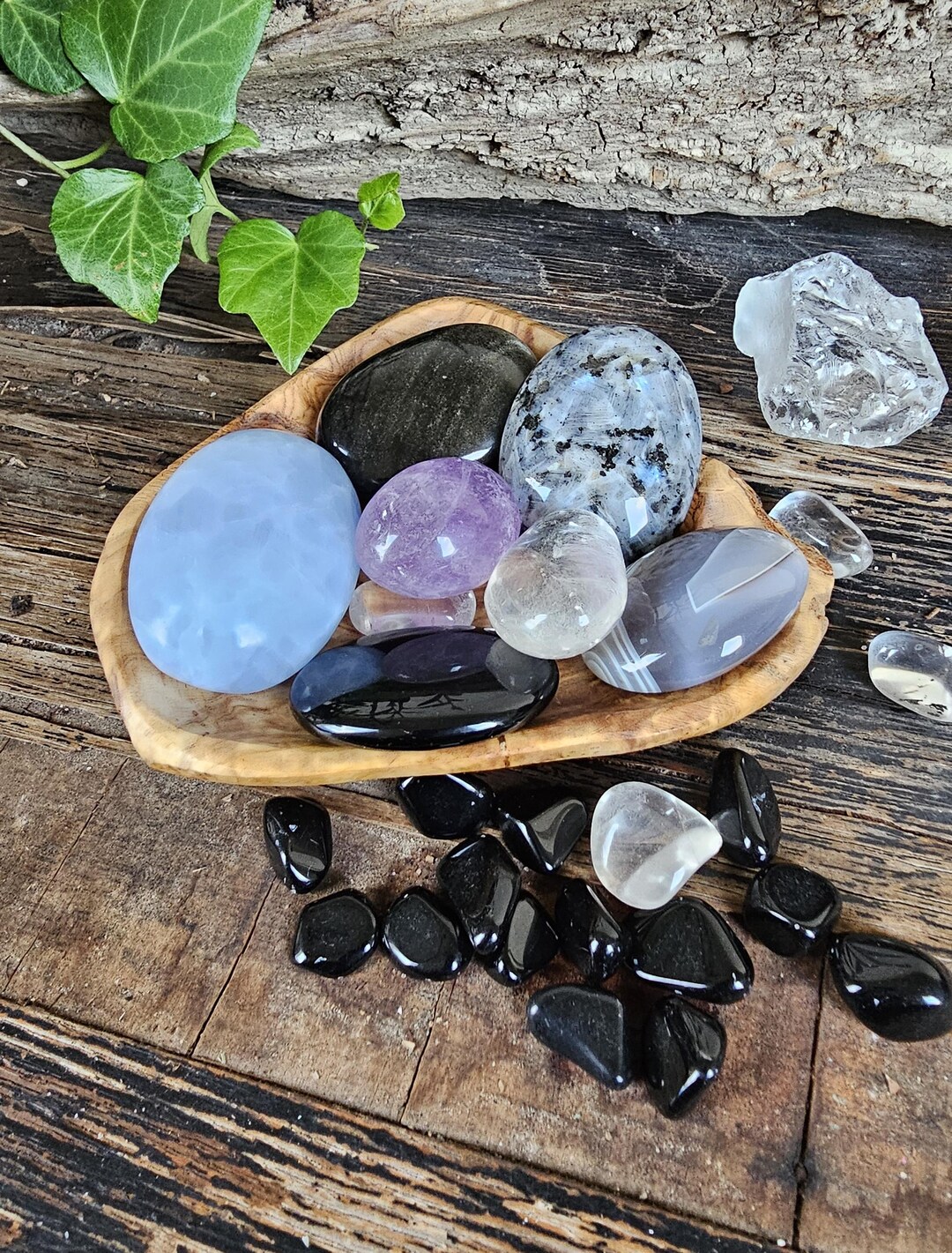 Bundle Starry Skies Midnight Magic Palm Stones Larvikite Calcite Quartz ...