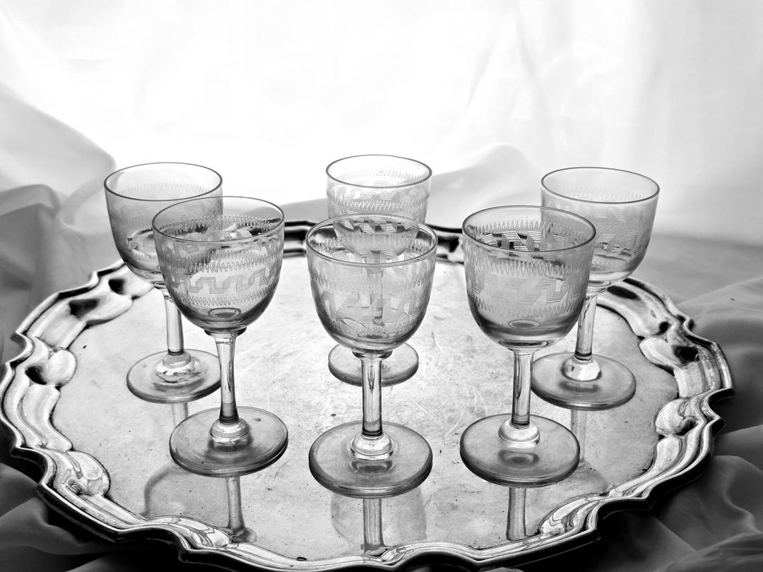 Antique English Crystal Wine Glasses - Set of 6 - Greek Key Etched ...