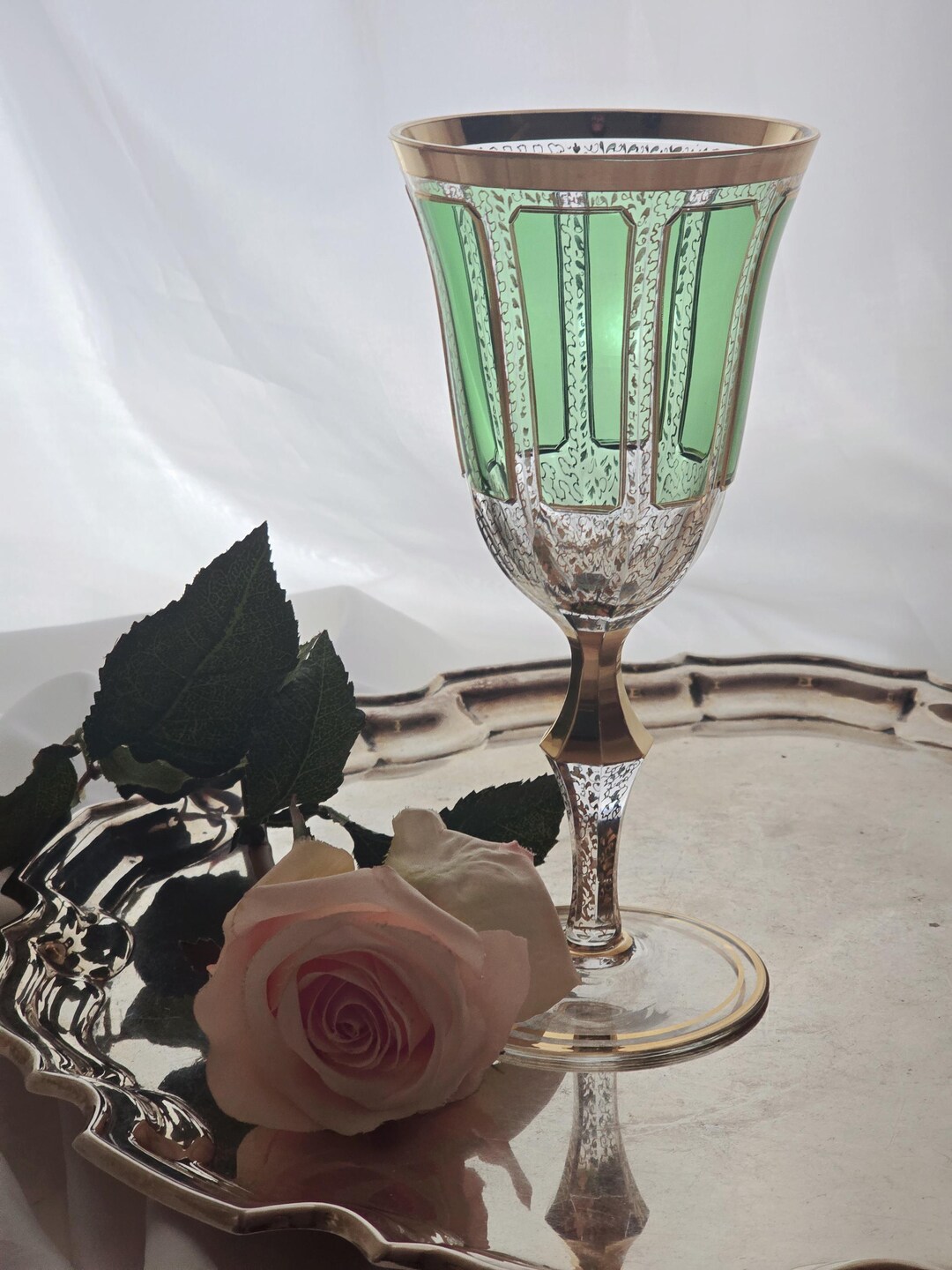 Kusak Glass Works Water Goblet Green and Gold - Etsy