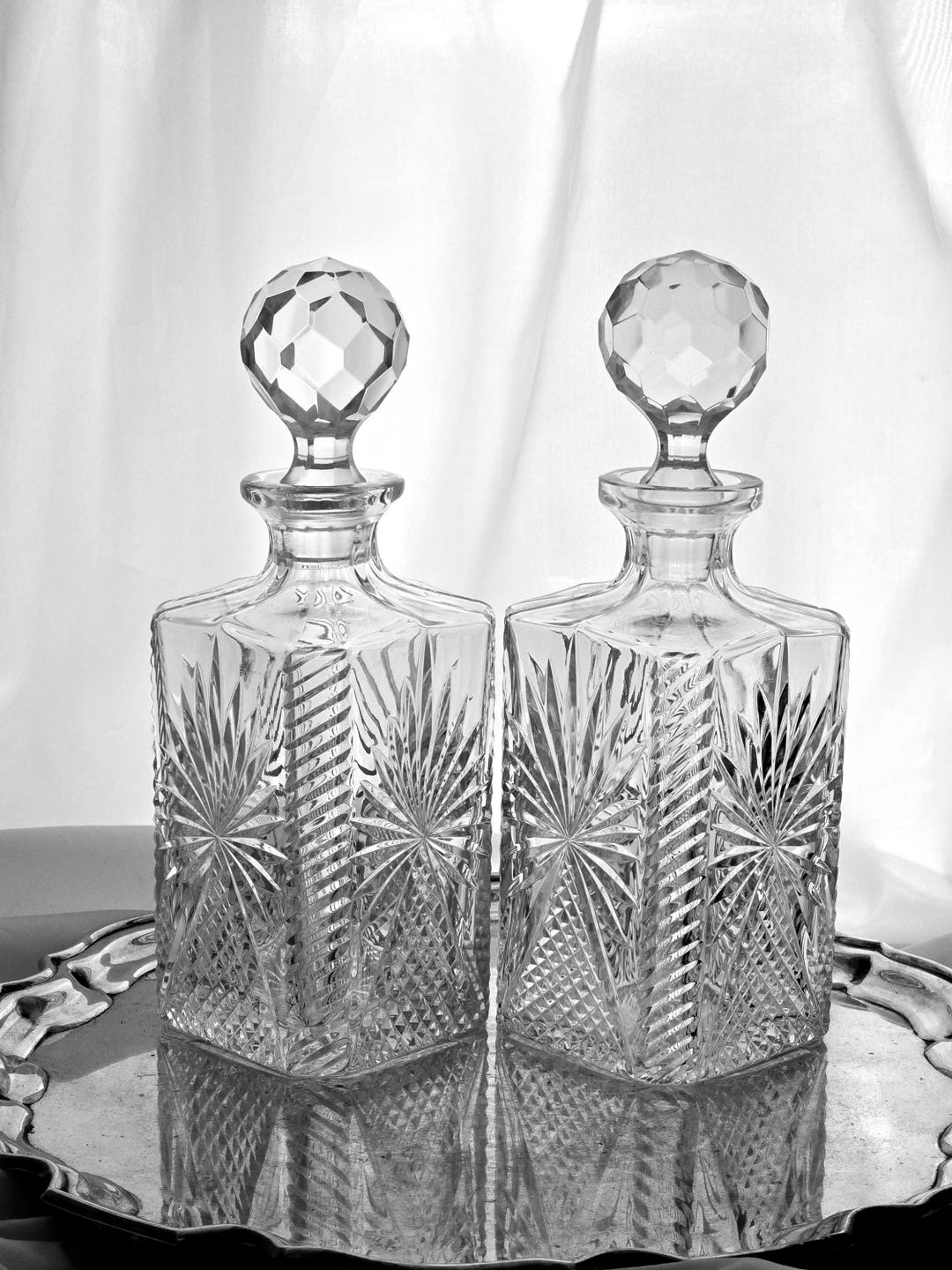 Vintage Stephens Brandy /whisky Decanters Pair Crystal Cut Square Shape ...
