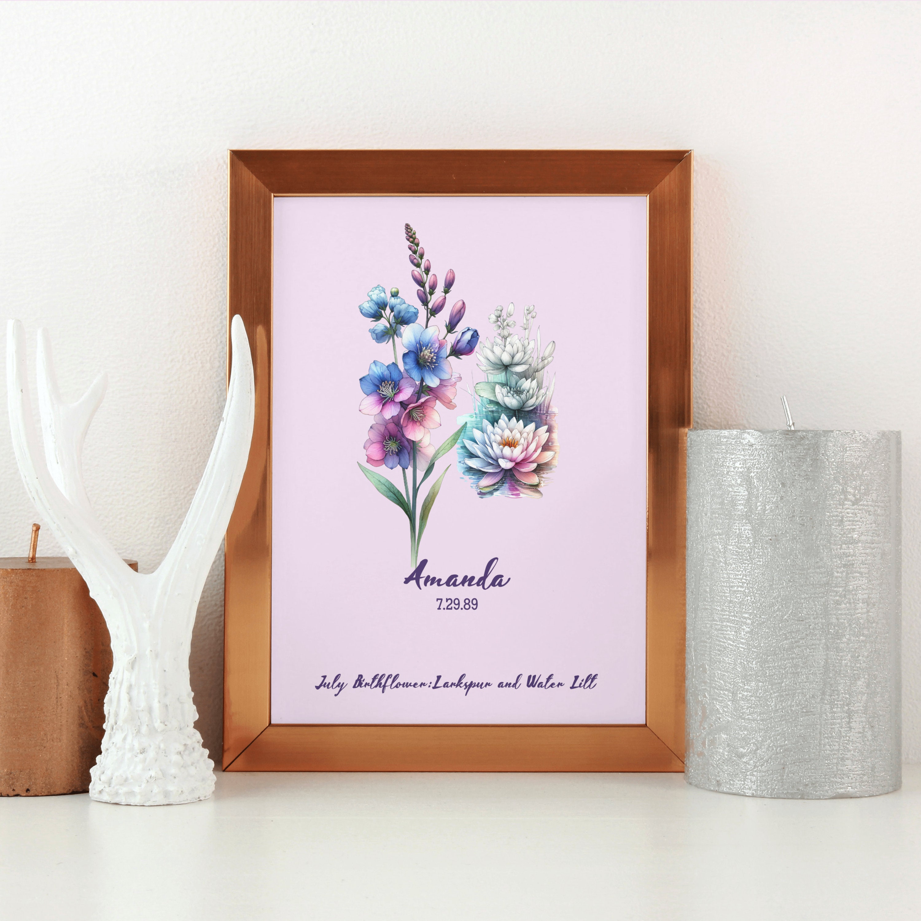 July Birth Flower Print Personalized Larkspur Flower Gift Custom Name ...