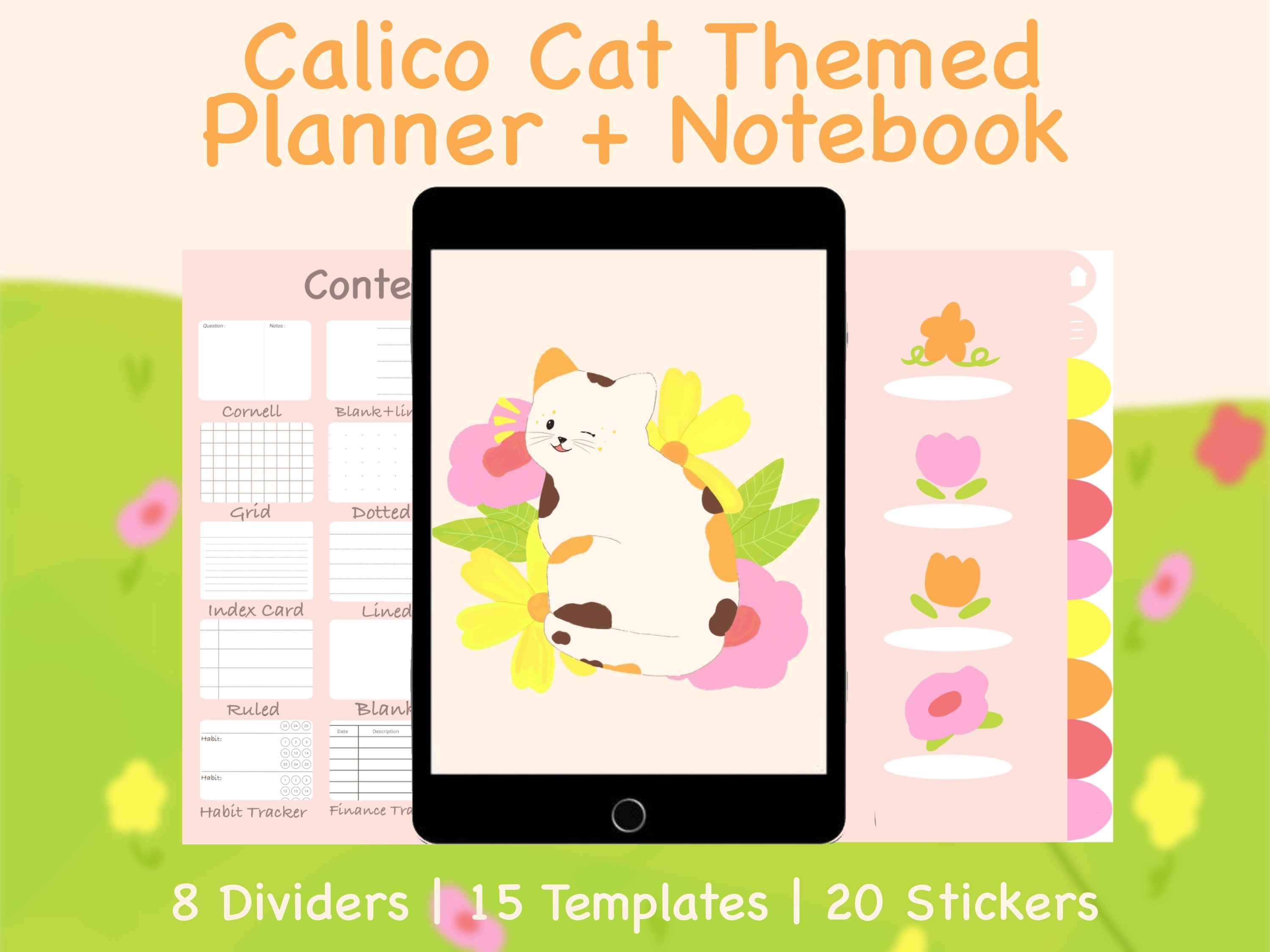 Digital Hyperlinked Aesthetic Hand Drawn Calico Cat Theme Planner and Notebook Bundle for ...