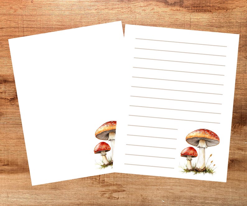 Mushroom Stationery Paper Set Printable Digital Downlaod - Lined and ...