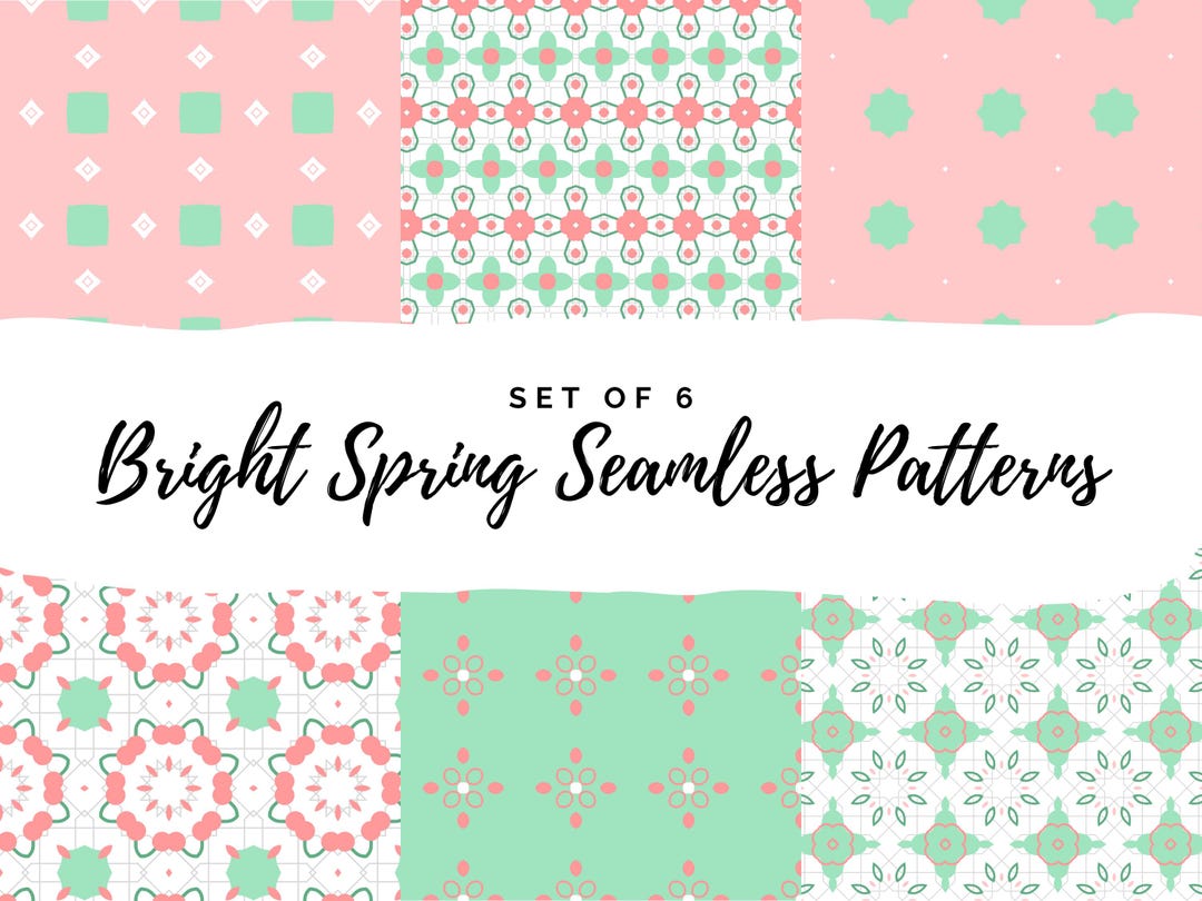 Bright Spring Pink and Green Seamless Patterns set of 6 Digital Papers ...