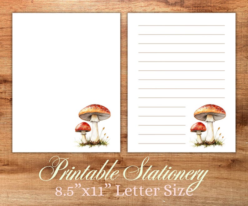 Mushroom Stationery Paper Set Printable Digital Downlaod - Lined and ...