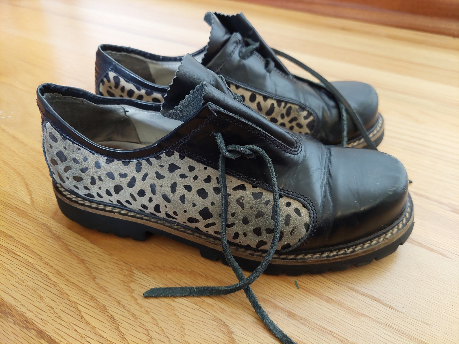 Vintage 90’s Geier Wally Black & Animal-print, Lace-up, Lug-soled ...