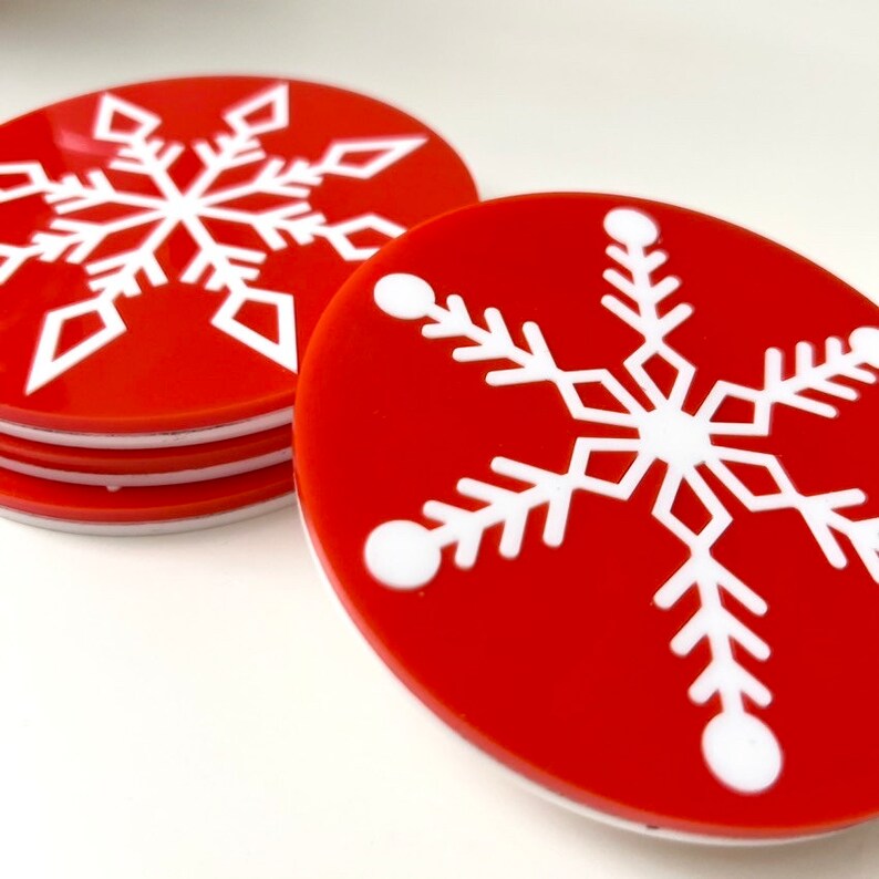 Red Snowflake Coaster Set Christmas Coaster Red Holiday Red Christmas ...