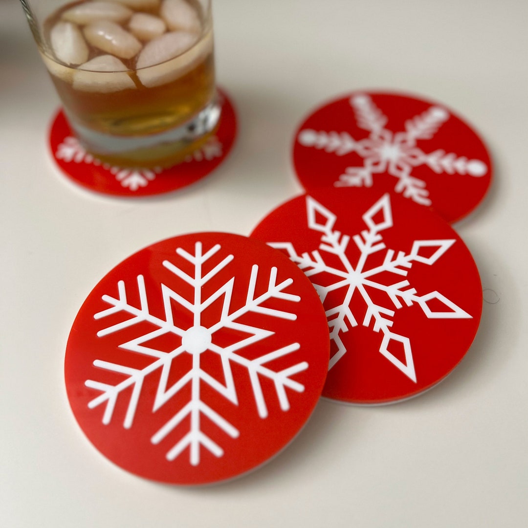 Red Snowflake Coaster Set Christmas Coaster Red Holiday Red Christmas ...