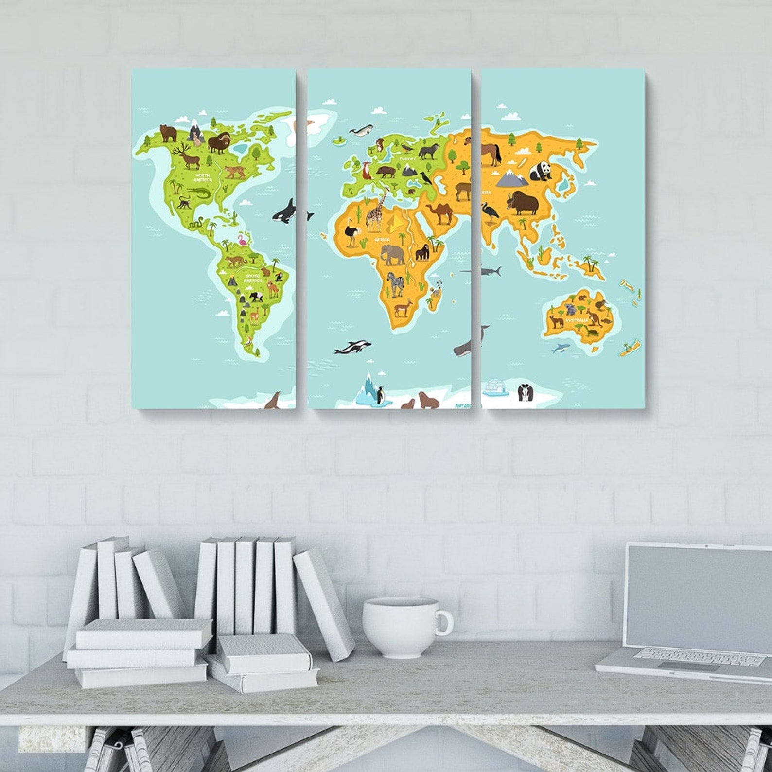 Illustrated Animal World Map for Kids Landmarks Continents - Etsy