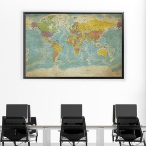 Classic World Map Poster on Canvas Traditional Vintage Political Global ...