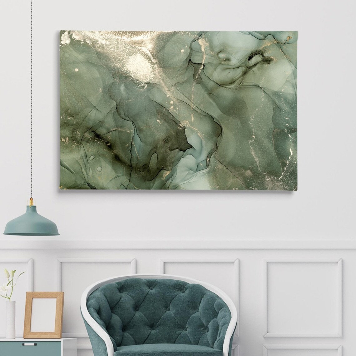 Emerald Wall Art Green Gold Marble Print on Canvas Framed Rich | Etsy