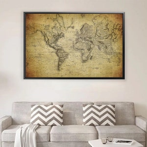 World Map 1850 Vintage Canvas Print Wall Decor Art. Comes Ready to Hang ...