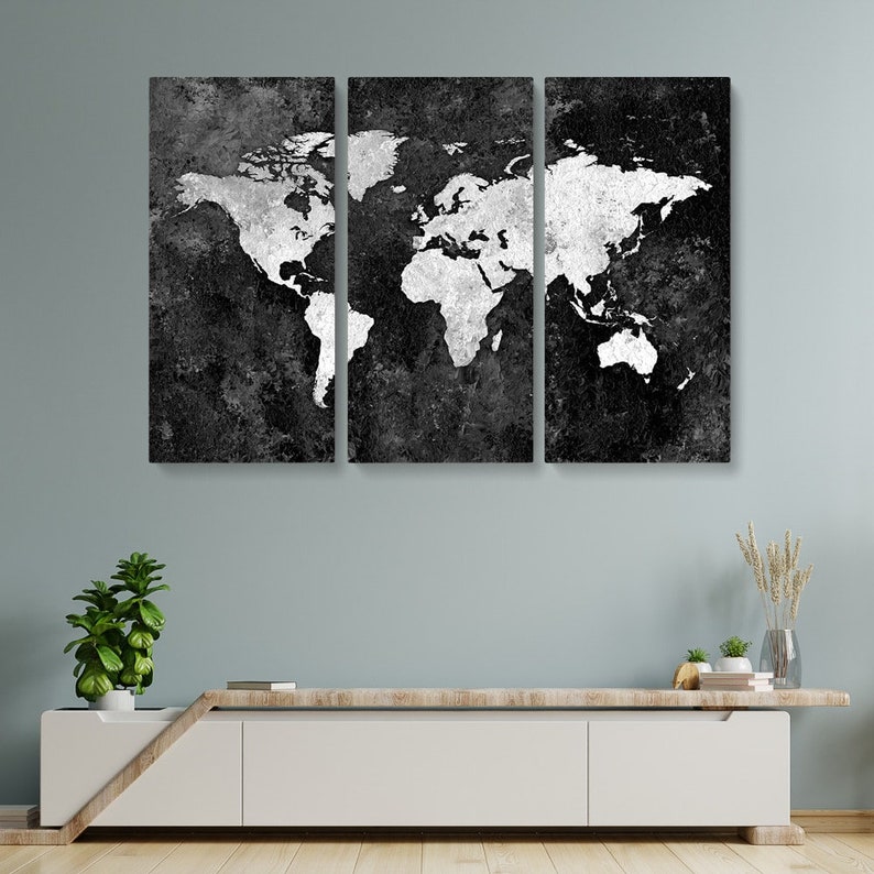 Monochrome World Map Print on Canvas Minimalist Modern Black - Etsy