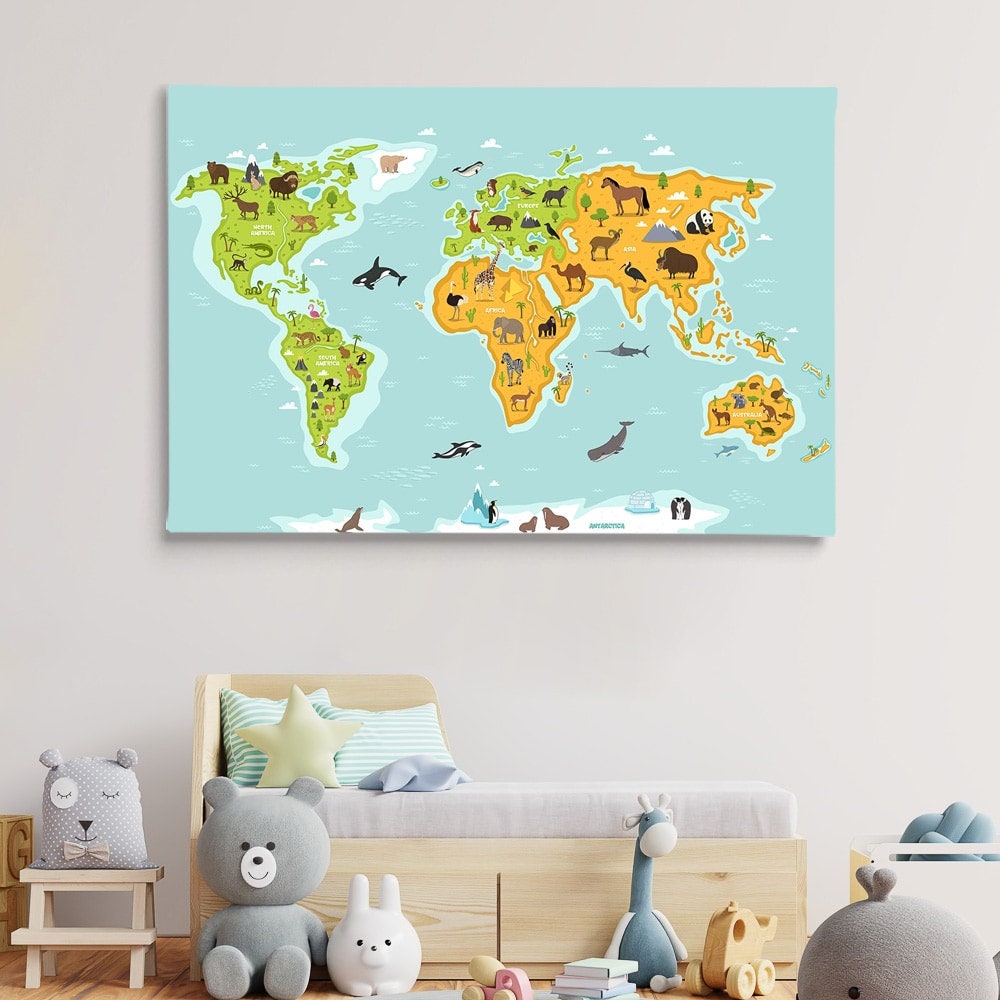 Illustrated Animal World Map for Kids Landmarks Continents - Etsy
