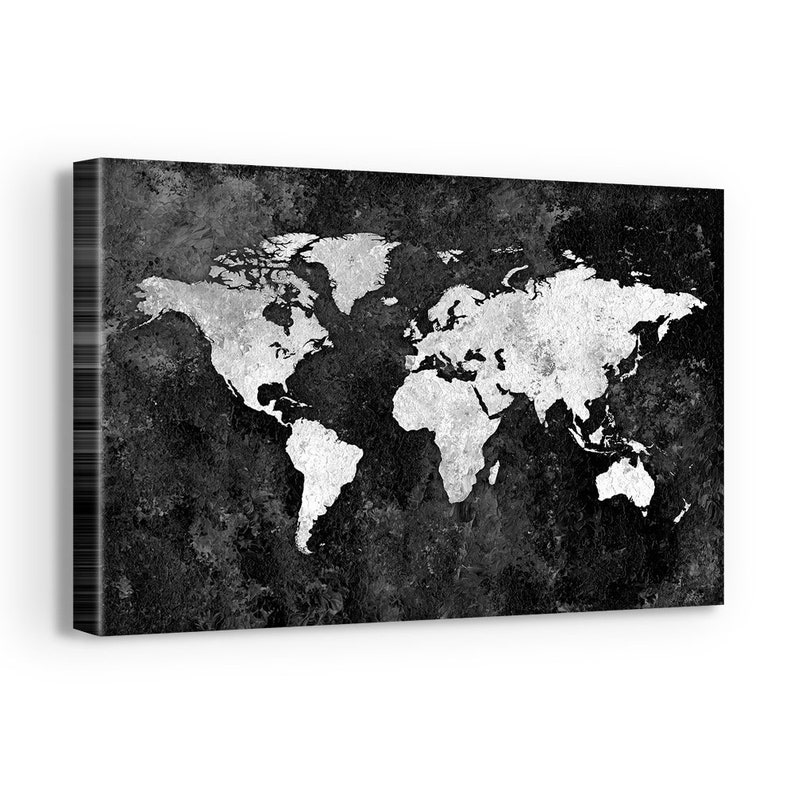Monochrome World Map Print on Canvas Minimalist Modern Black - Etsy