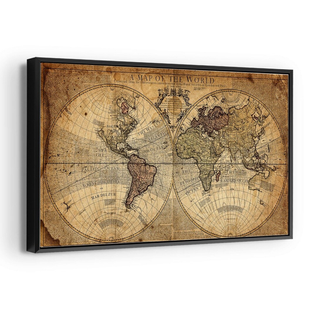 Ancient World Map Print on Canvas Globe Earth Continents Oceans Tan ...
