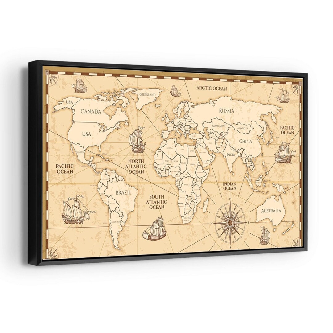 Vintage World Map With Compass Print on Canvas Rustic Brown Continents ...