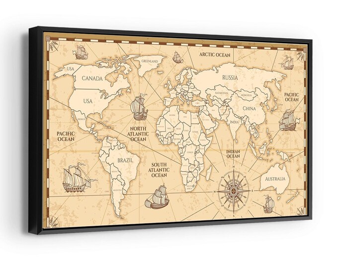 Vintage World Map With Compass Print on Canvas Rustic Brown Continents ...