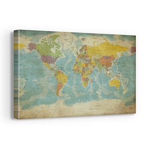 Classic World Map Poster on Canvas Traditional Vintage Political Global ...