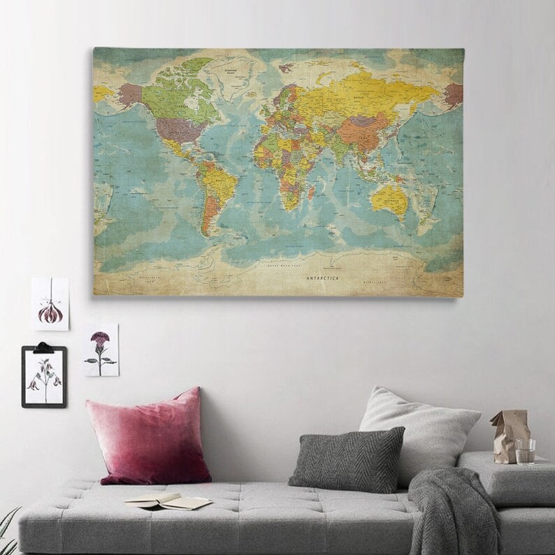 Classic World Map Poster on Canvas Traditional Vintage | Etsy