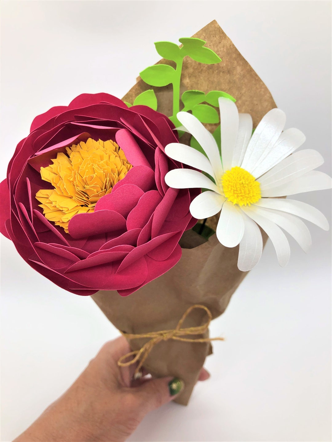 Paper Peony and Daisy Wrapped in Paper W/ Ribbon, Gift Idea, 1st ...