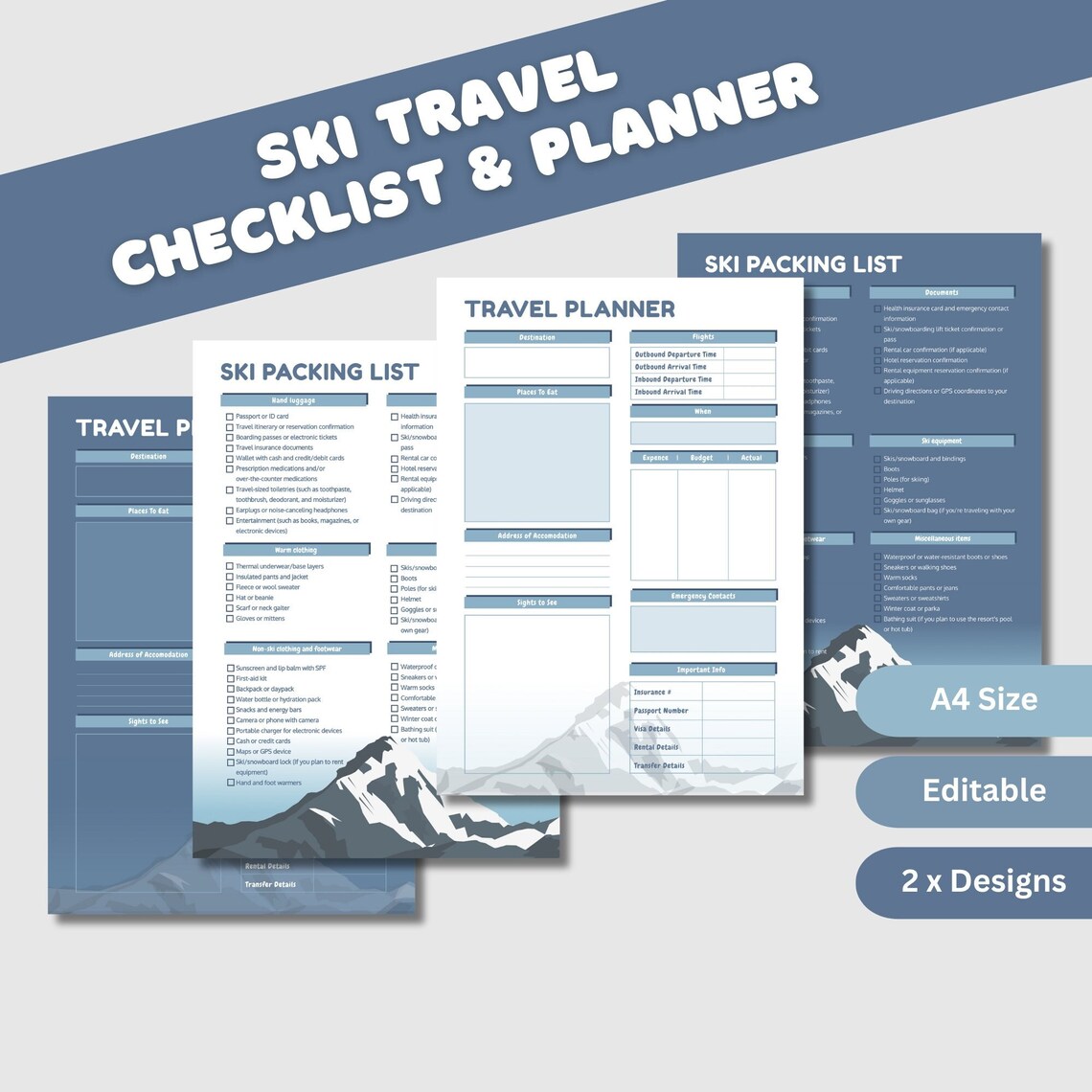 Editable Ski Packing Checklist and Travel Planner Template Printable ...
