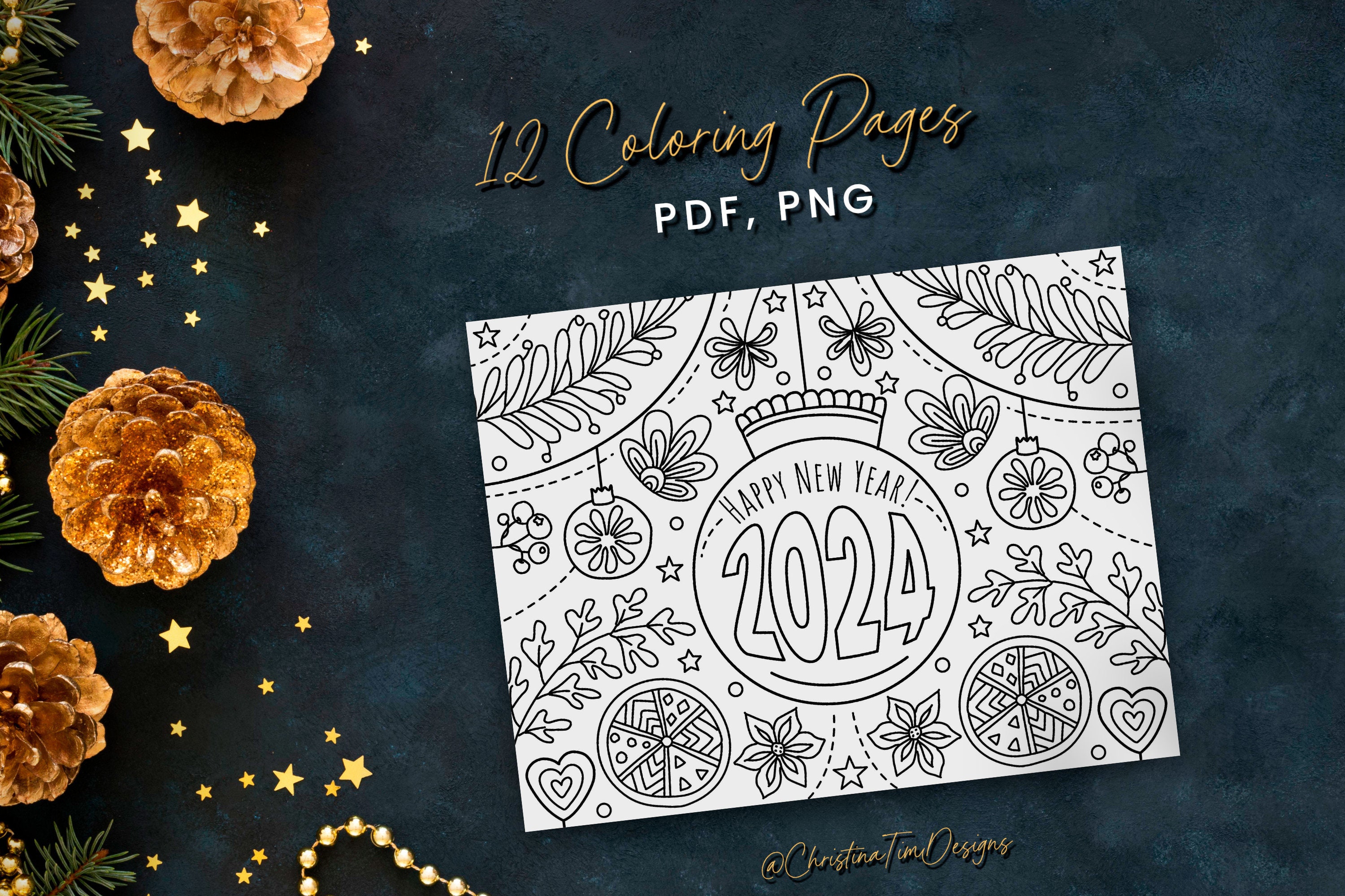 Happy New Year 2024 Coloring Pages for Print or Digital Use PNG, PDF ...