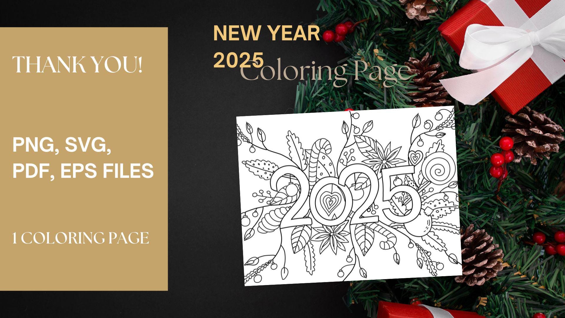 Happy New Year 2025 Coloring Page | Svg, Png, Eps, Pdf | New Years ...