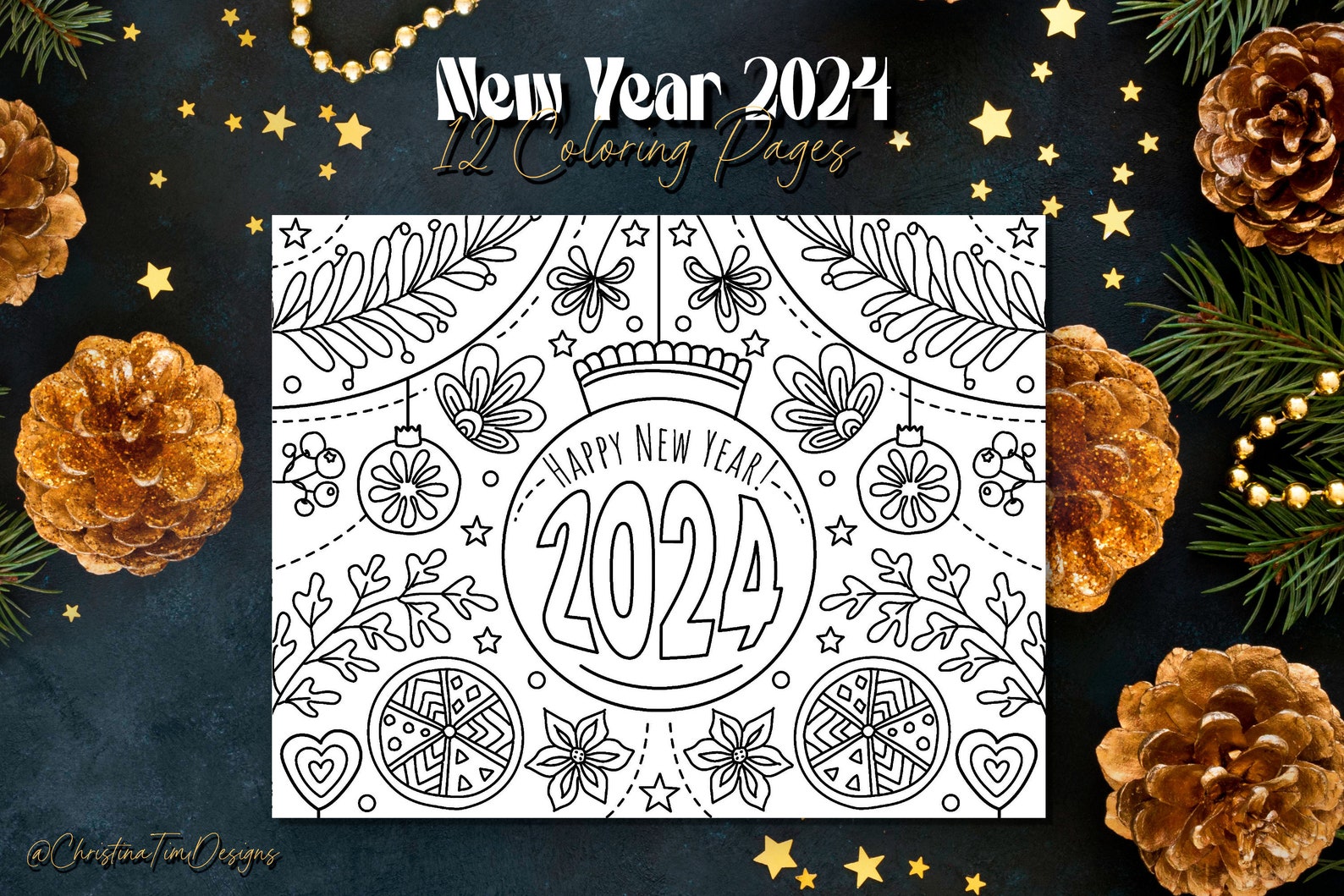 Happy New Year 2024 Coloring Pages for Print or Digital Use PNG, PDF ...