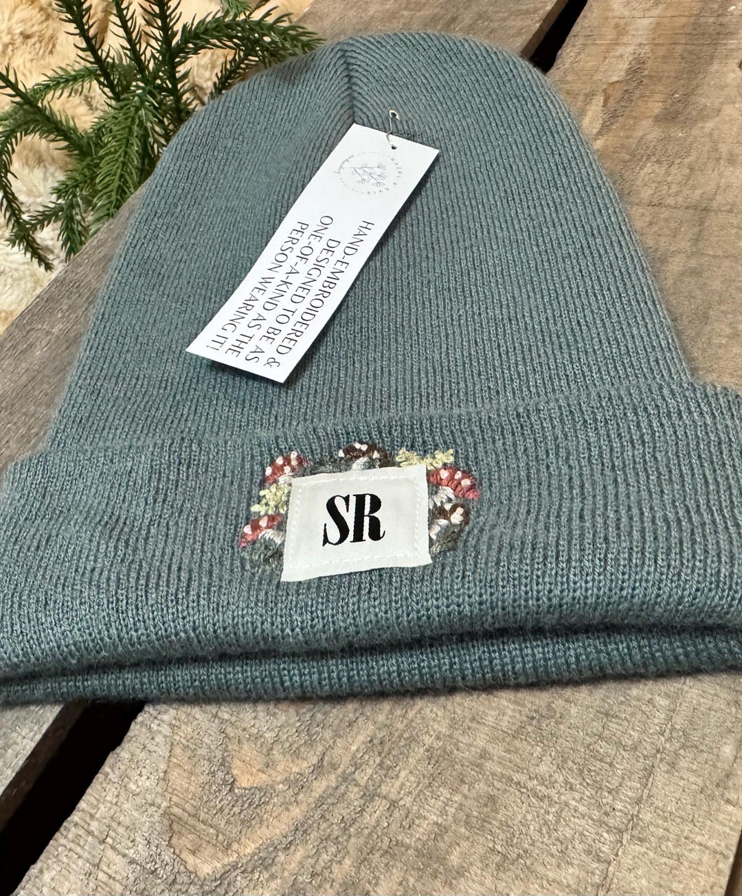 Smith & Rouge Sage Beanie With Hand-embroidered Mushroom and Floral ...