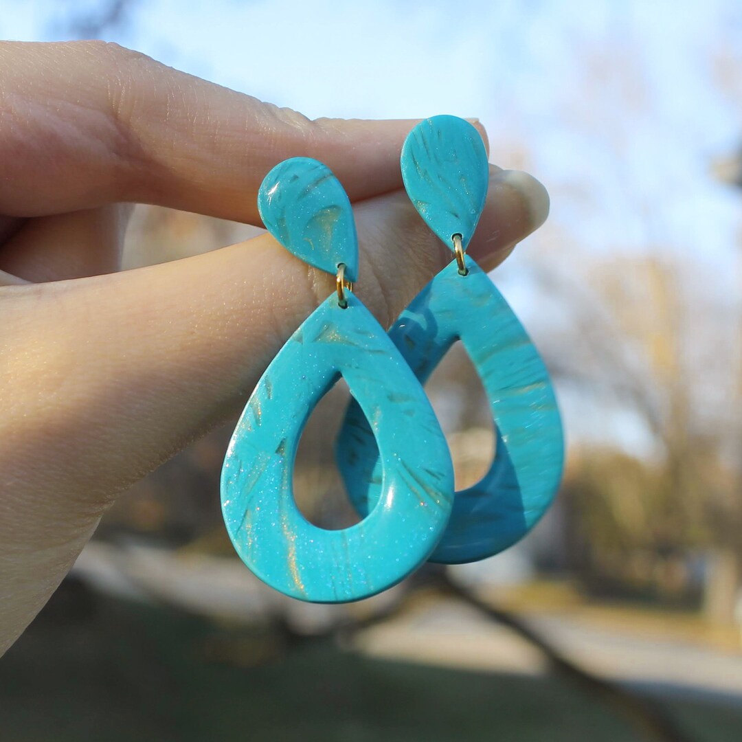 Blue-green Teardrop Shaped Polymer Clay Earrings Statement Earrings ...
