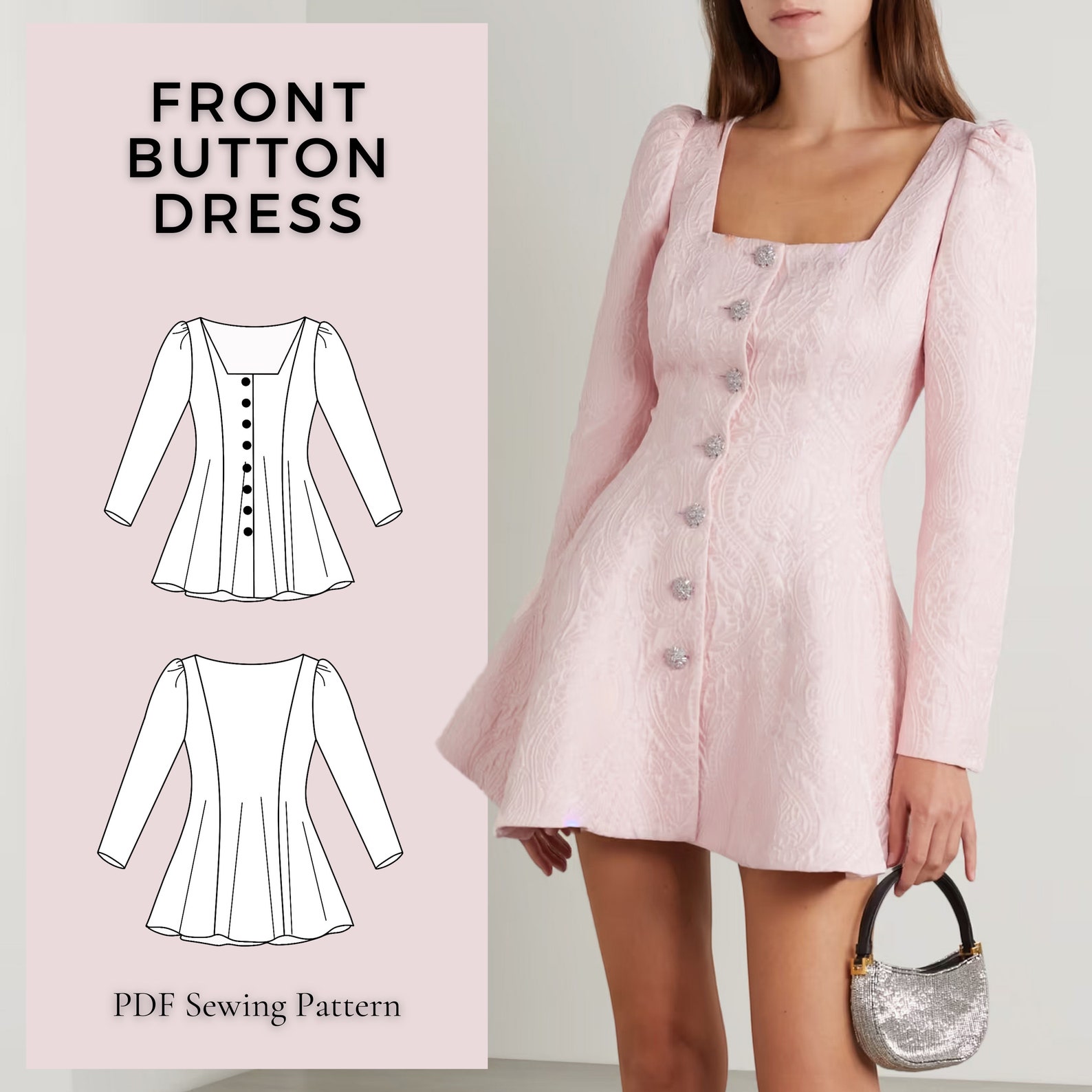 Dress Sewing Pattern, Button Front Dress Pattern, Flared Dress Pattern ...