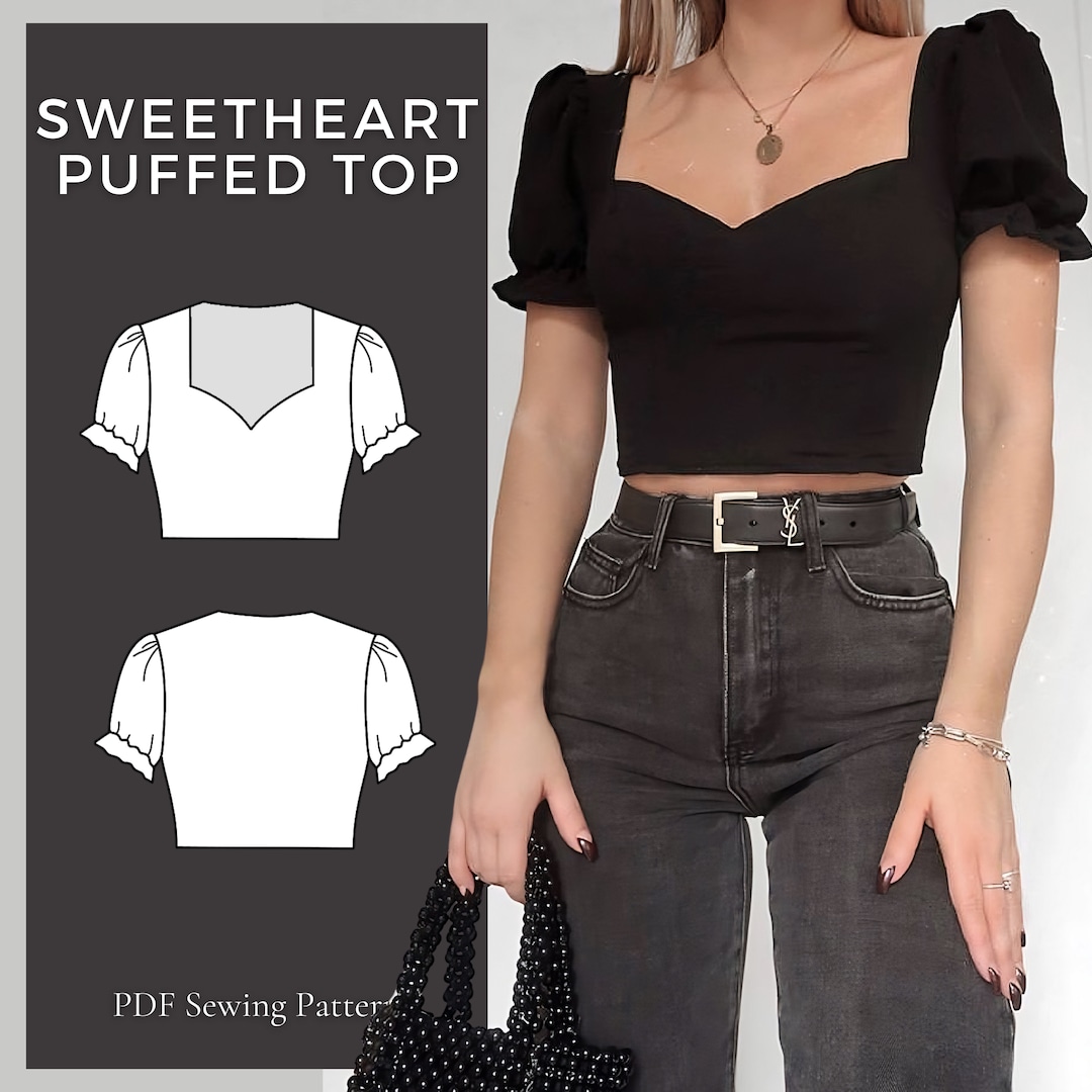 Puff Sleeve Sweetheart Neckline Crop Top Sewing Pattern, Crop Top ...