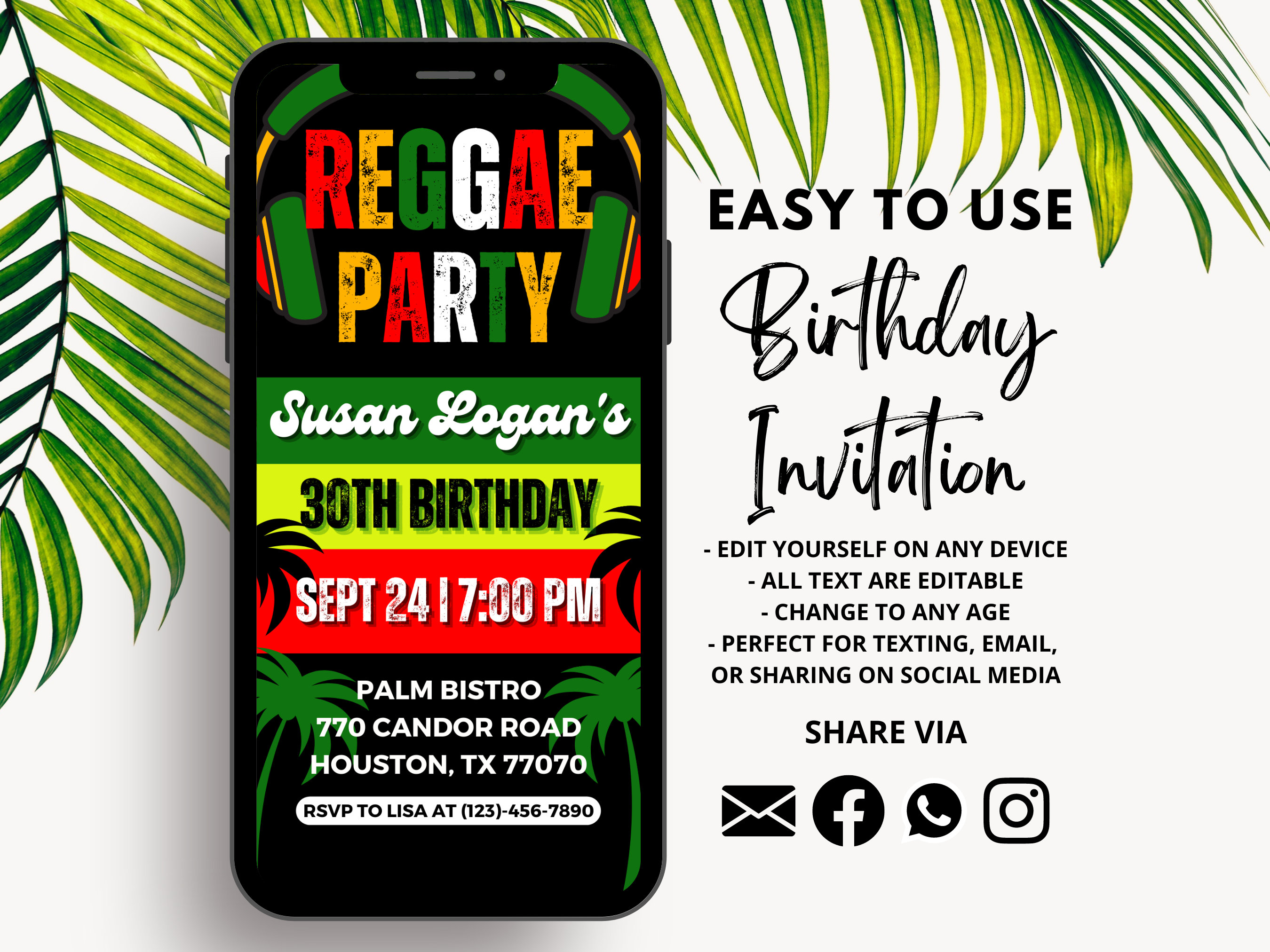 Reggae Party Invite Jamaica Birthday Invitation Birthday Evite Reggae ...
