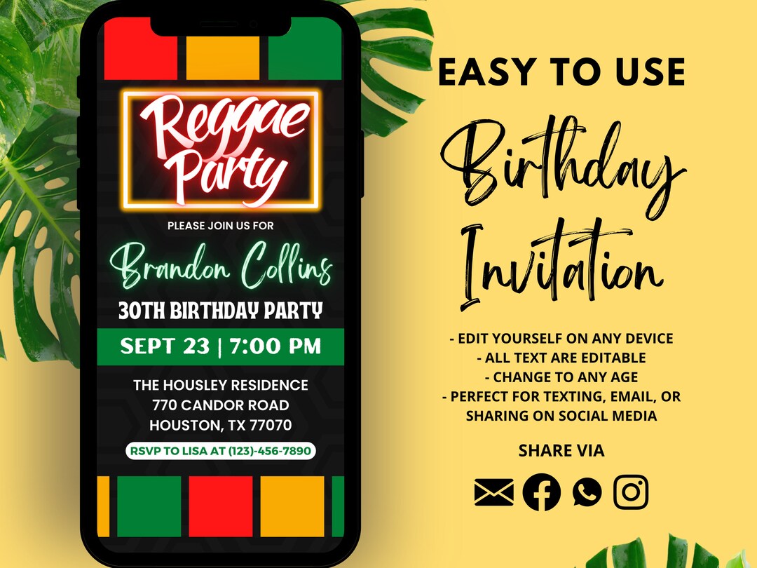 Reggae Birthday Invitation | Reggae Party Invite | Jamaica Birthday ...
